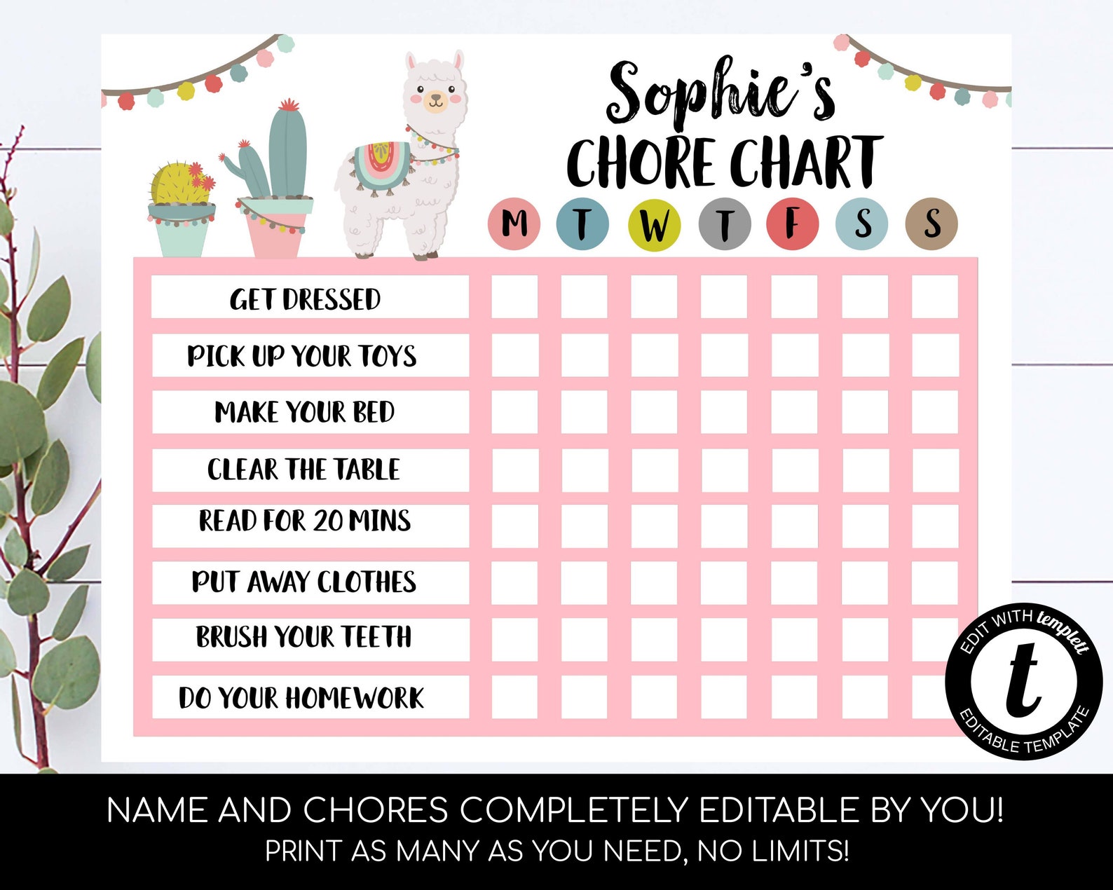 Llama Chore Chart Editable Kids Chore Chart Reward Chart for - Etsy