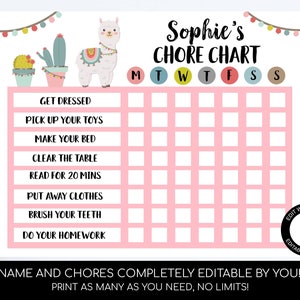 Llama Chore Chart Editable Kids Chore Chart Reward Chart for Kids Llama ...