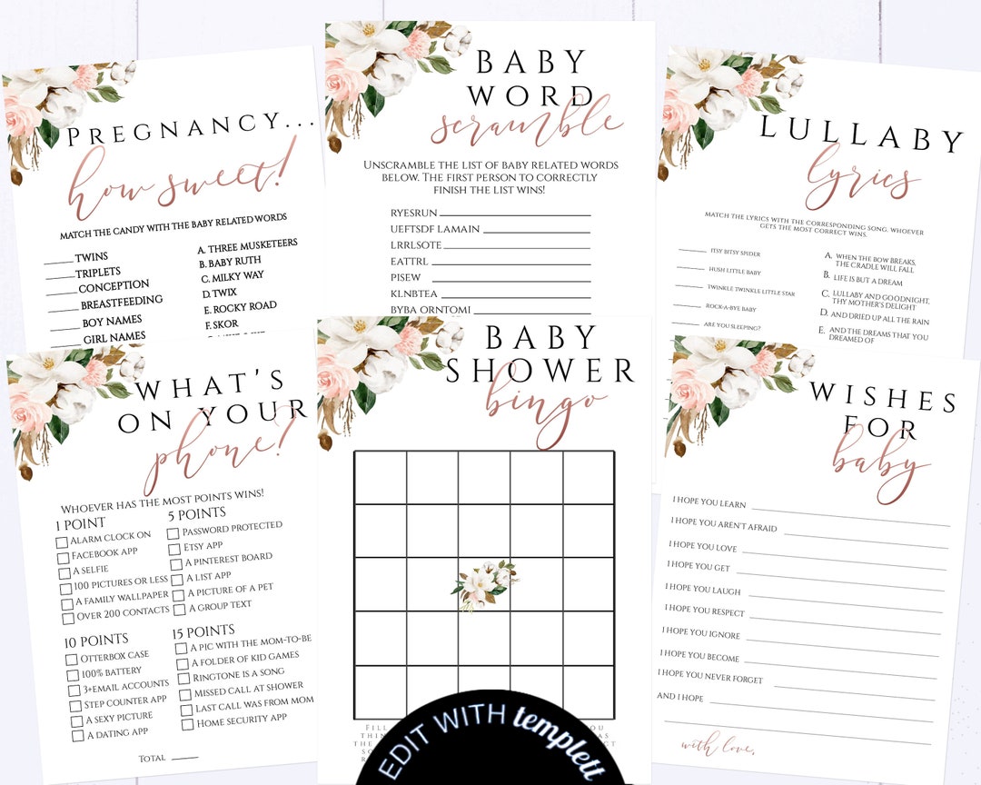 Rose Gold Baby Shower Games Floral Magnolia Baby Shower Games Package ...