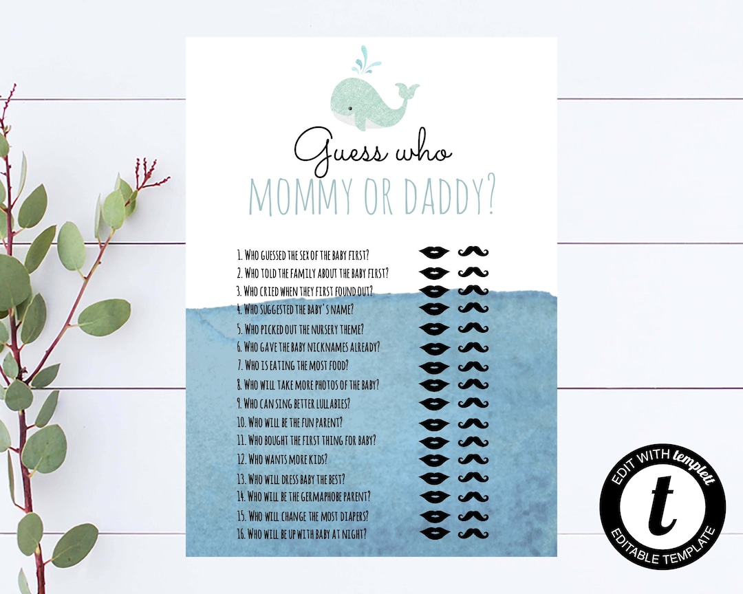Whale Guess Who Mommy or Daddy Baby Shower Game Baby Whale Guess Who ...
