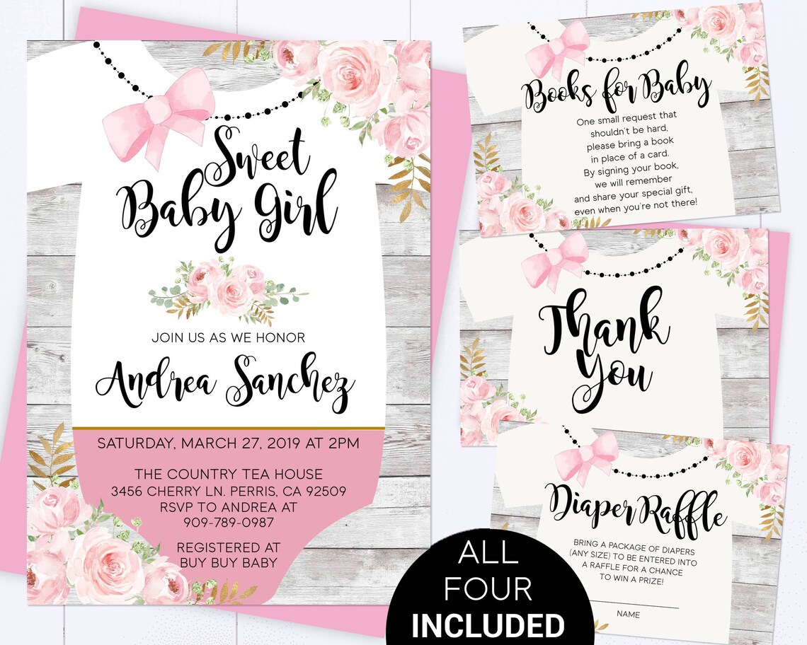 Sweet Baby Girl Baby Shower Invite Floral Onesie Baby Girl Baby Shower ...