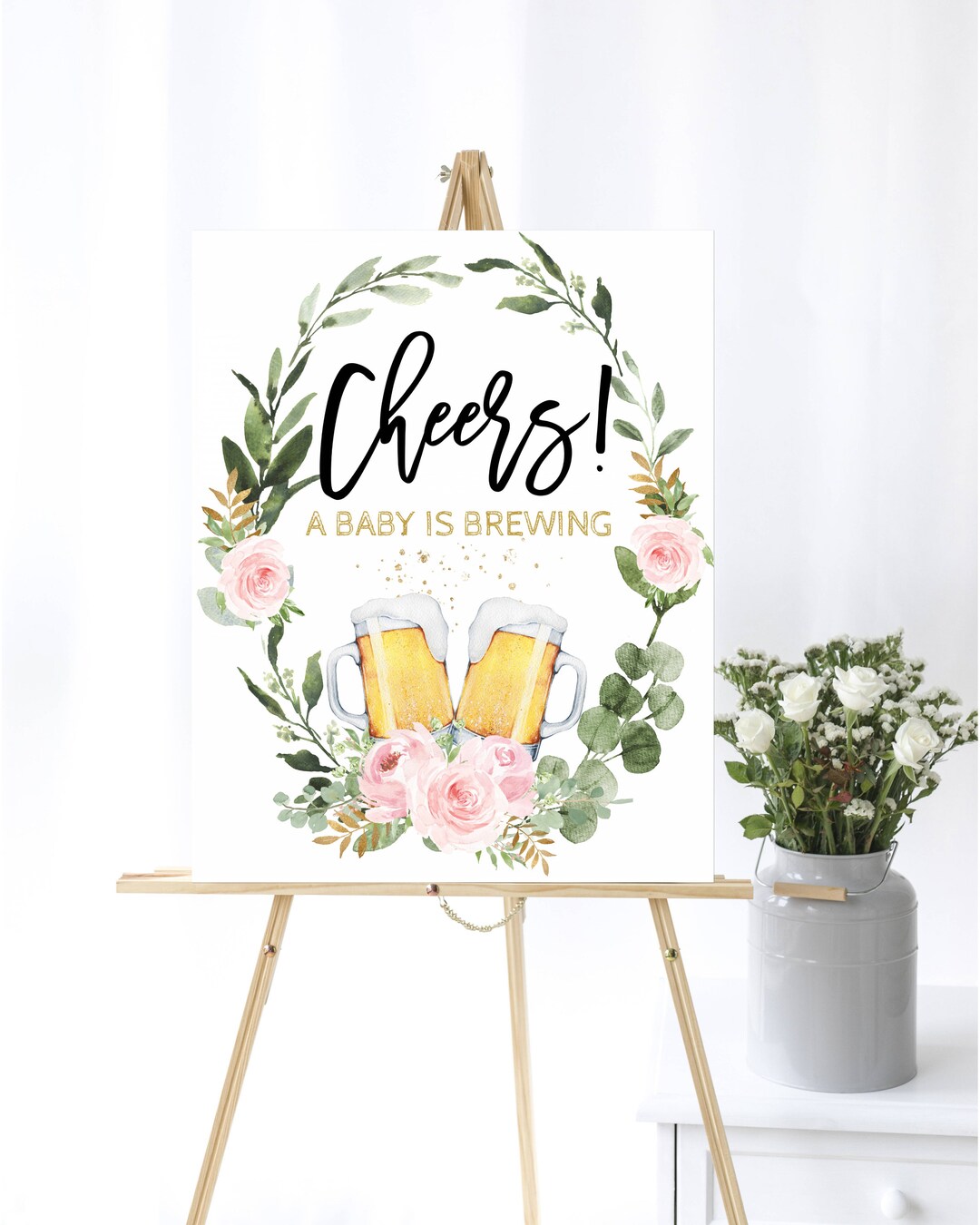 A Baby is Brewing Baby Shower Sign Pink Floral Wreath A Baby is Brewing ...