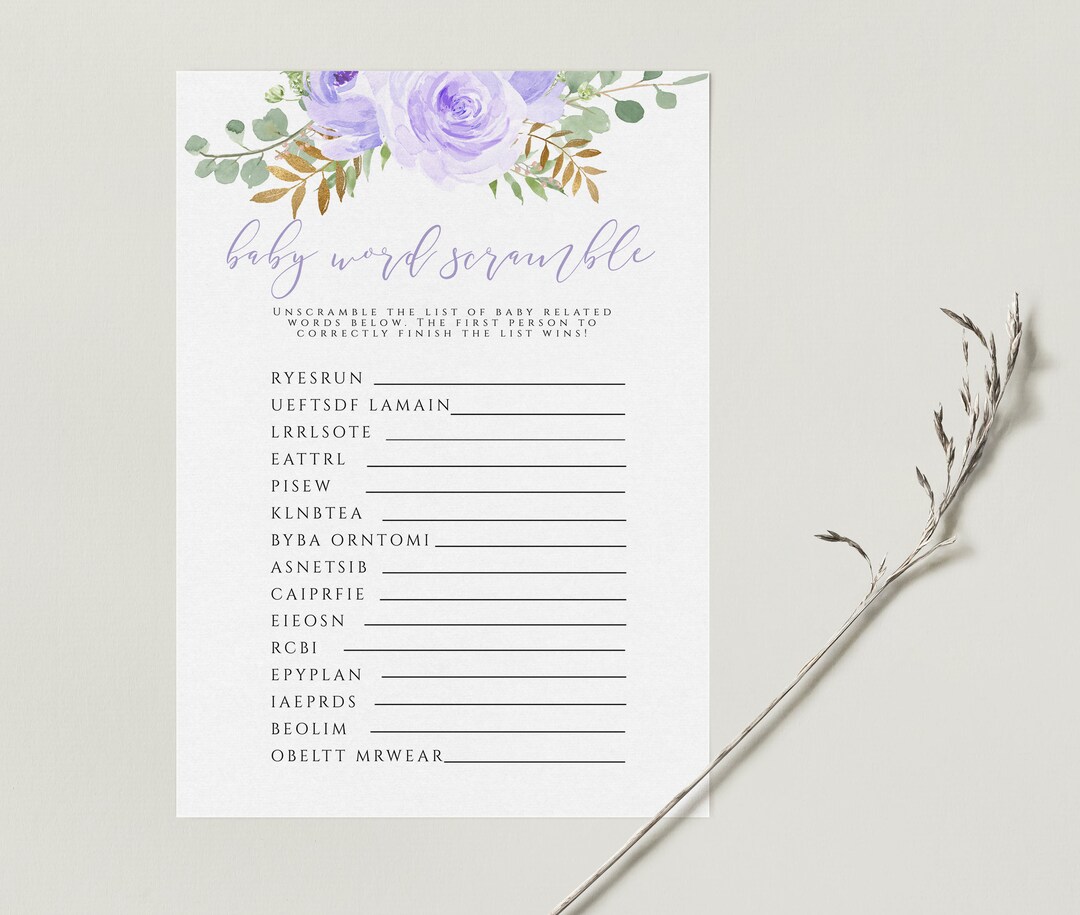 Purple Floral Baby Shower Baby Word Scramble Game Printable Baby Shower ...