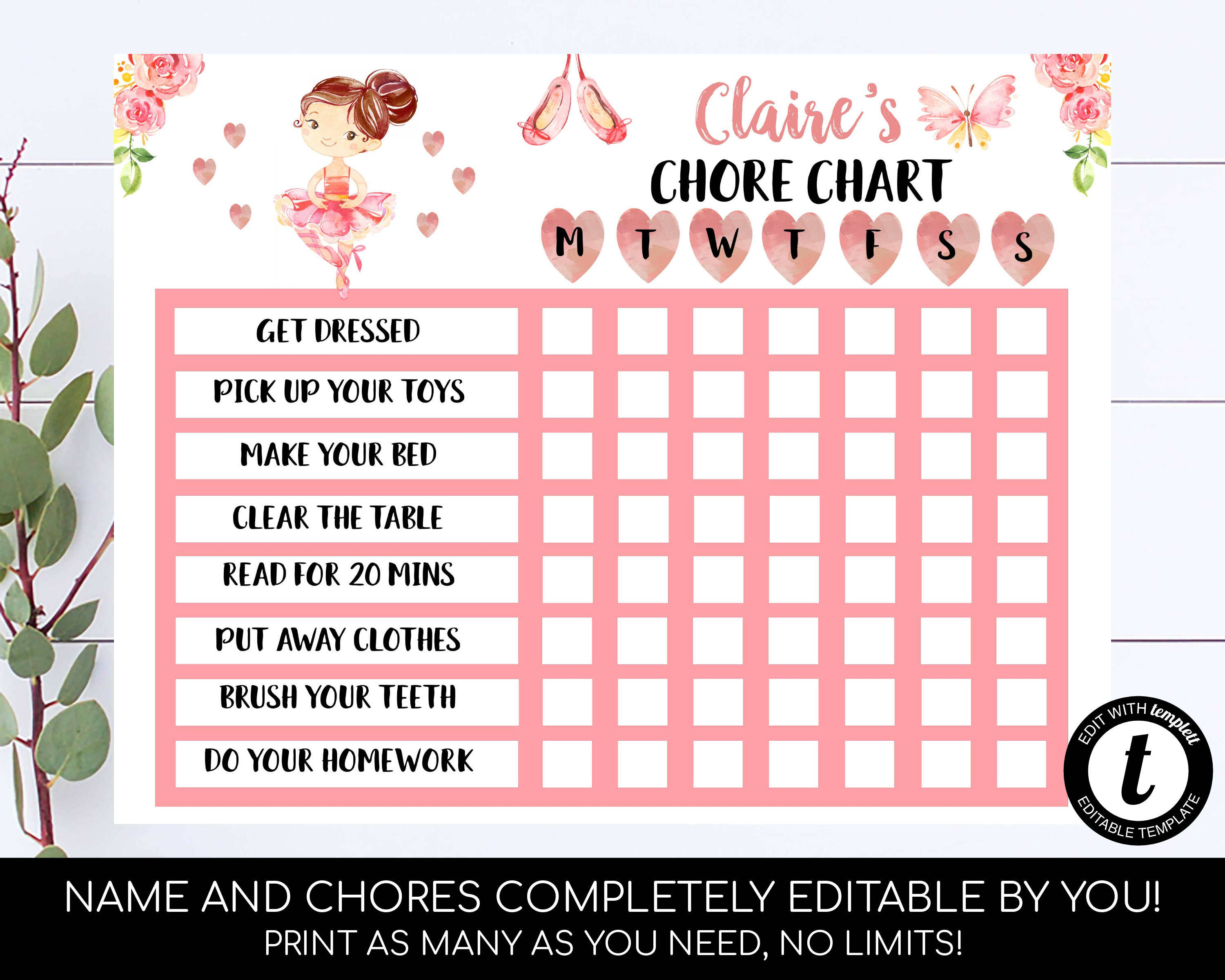 Ballerina Chore Chart Editable Kids Chore Chart Reward Chart for Kids ...