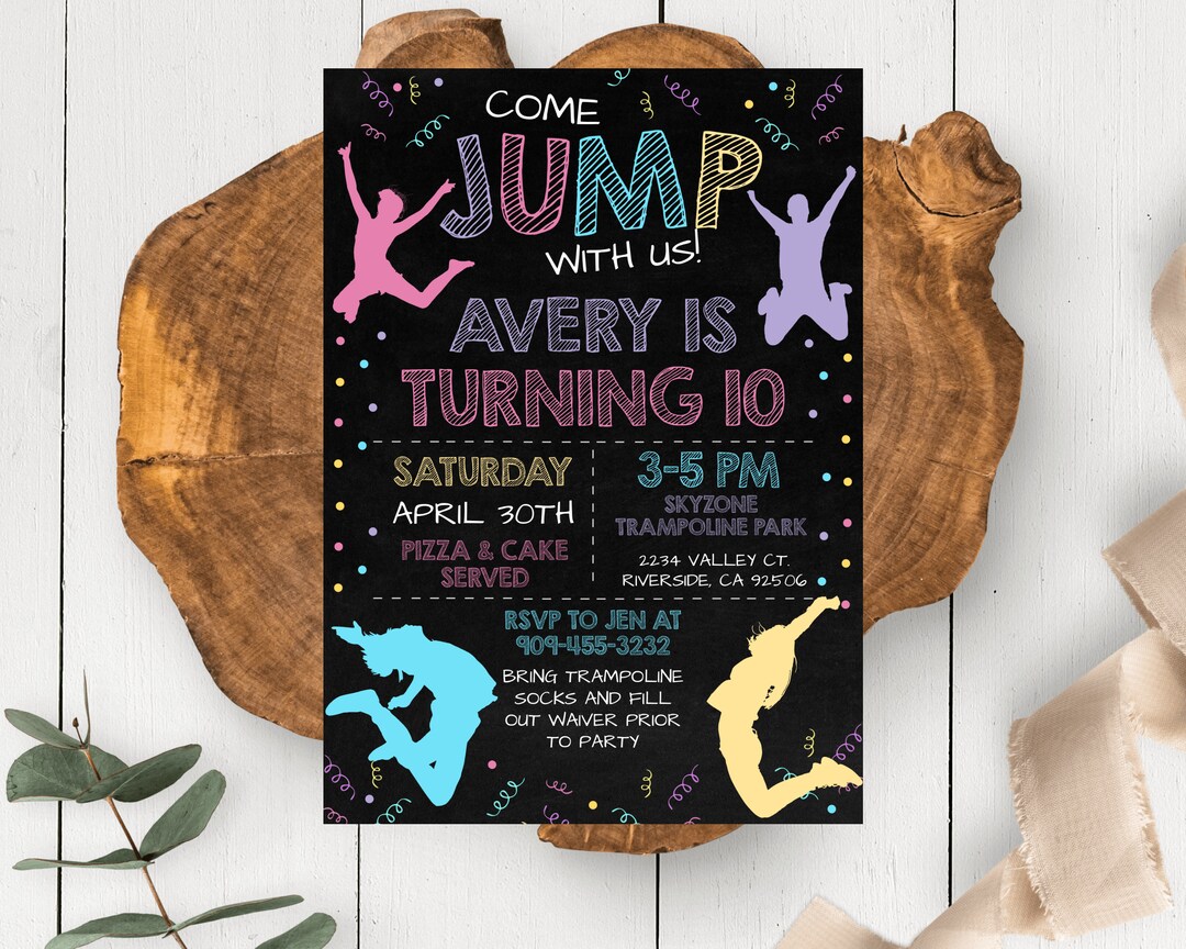 Jump Party Invitation Girl Jump Birthday Partyinvitation Trampoline ...