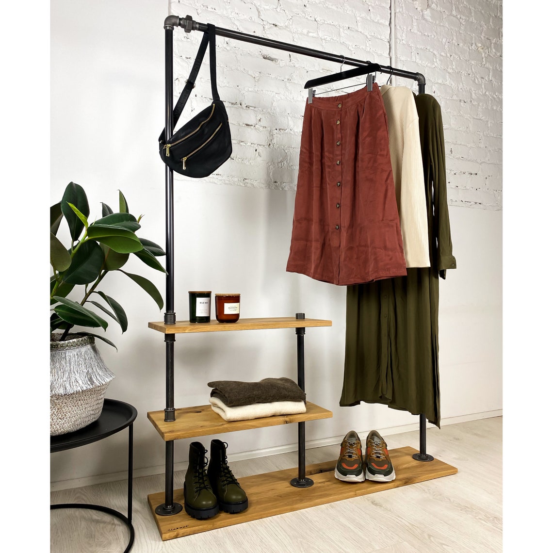 UNIQUE - Industrial Clothing Rack of Steelpipe With Wooden Storage - Etsy