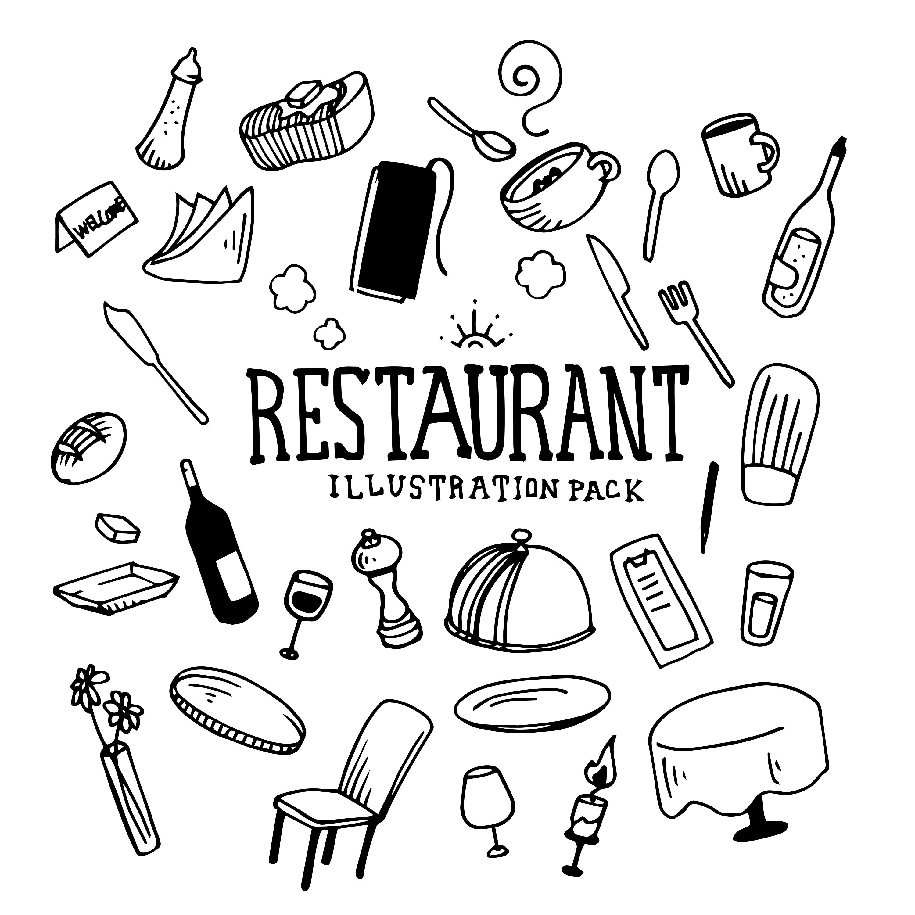 Restaurant Illustration Pack elements, Handdrawing/food, Cafe/doodle ...
