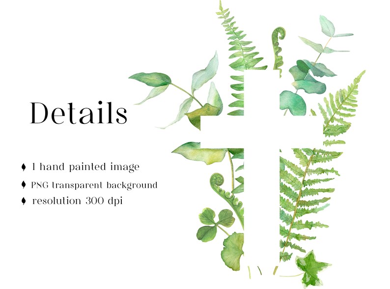 Cross Catholic Watercolor Fern Eucalyptus PNG Baptism Clipart Greenery ...