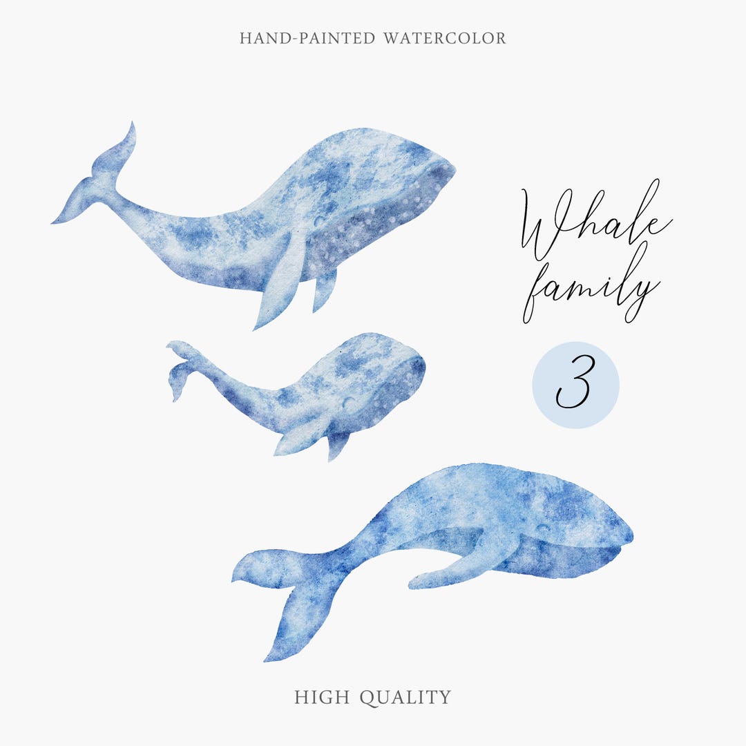 Watercolor Whale Family Whimsical Ocean Animals Character Handpainted ...
