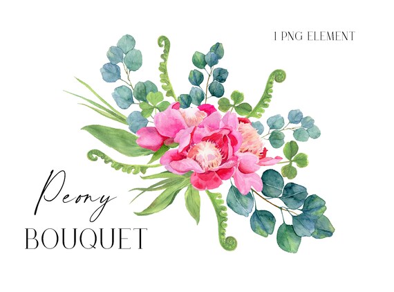 Watercolor Spring Flowers Clipart Pink Peonies Greenery | Etsy