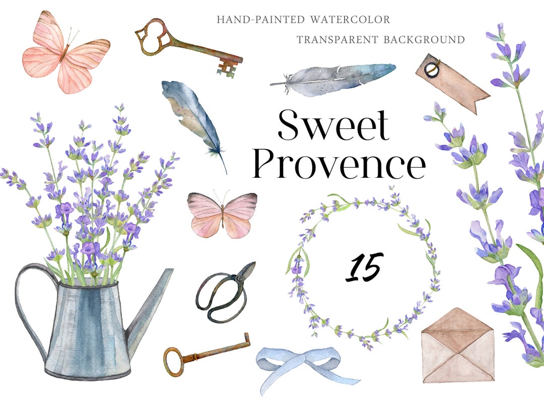 Watercolor Provence Rustic Clip Art Romantic PNG Elements Lavender ...
