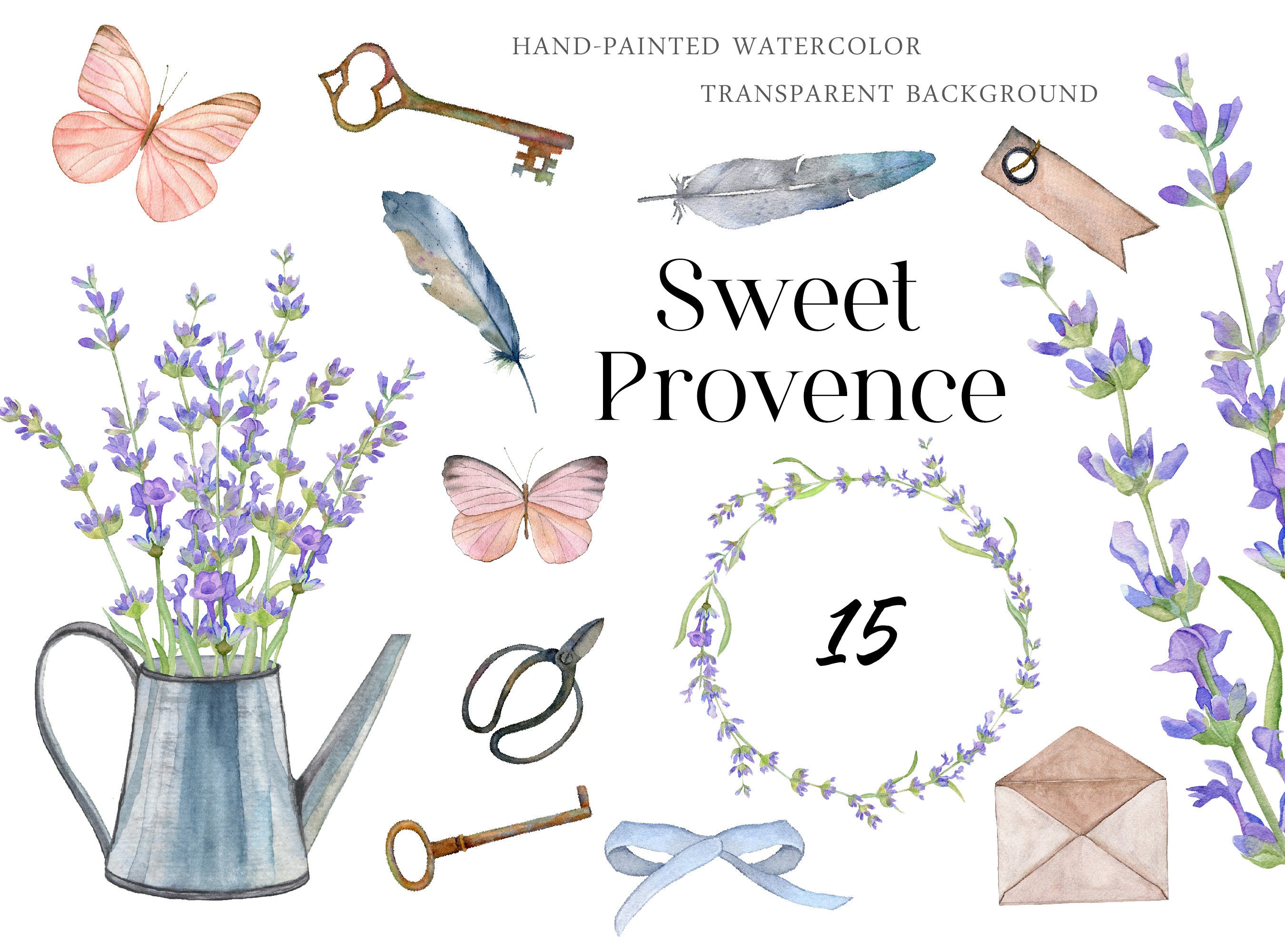 Watercolor Provence Rustic Clip Art Romantic PNG Elements Lavender ...