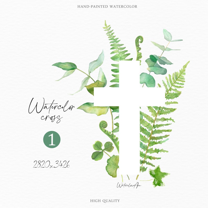 Cross Catholic Watercolor Fern Eucalyptus PNG Baptism Clipart Greenery ...