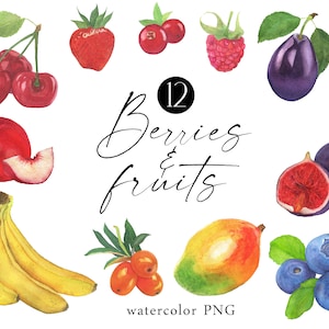 Watercolor Fresh Fruits Red Blue Berries Food Clipart Organic Vegan Eco ...