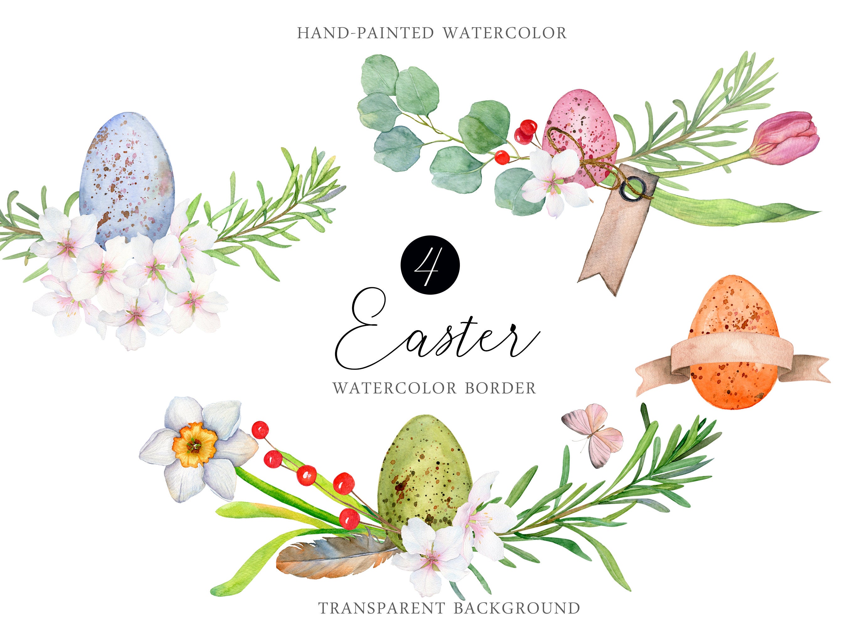 Watercolor Easter Eggs Border Clipart Decor Spring Blossom Floral Frame ...