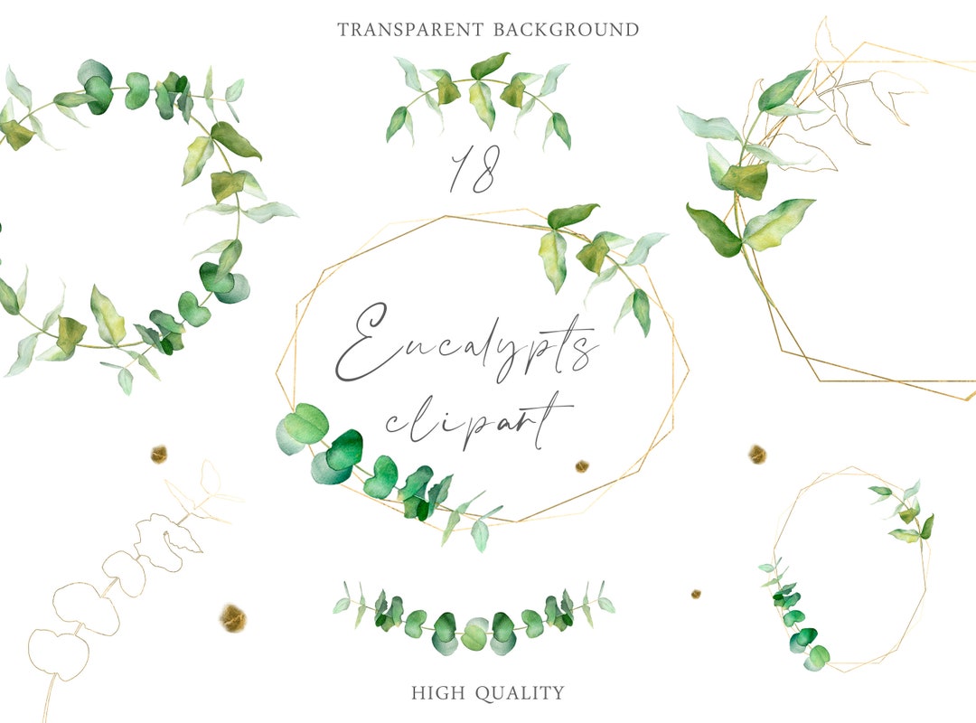 Watercolor Eucalyptus Clipart: Gold Frames, Greenery (digital Download ...