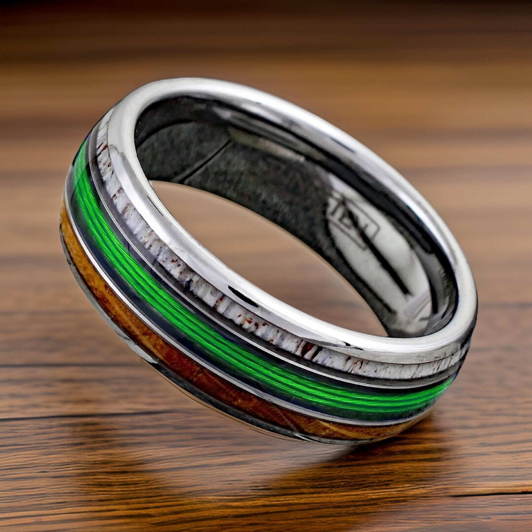 Fishing Wedding Band With Real Deer Antler Oak Wood and Green Fishing ...