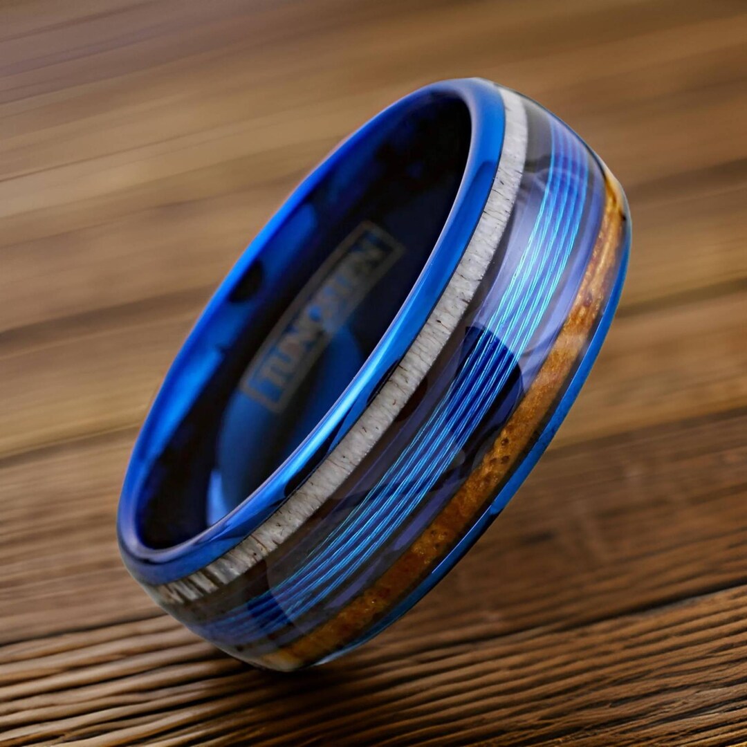 The Blue Angler. Blue Tungsten Ring With Deer Antler, Fishing Line, and ...