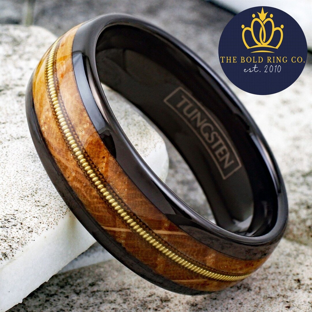 Whiskey Barrel Wood Ring With Guitar String Inlay, Steel Guitar String ...