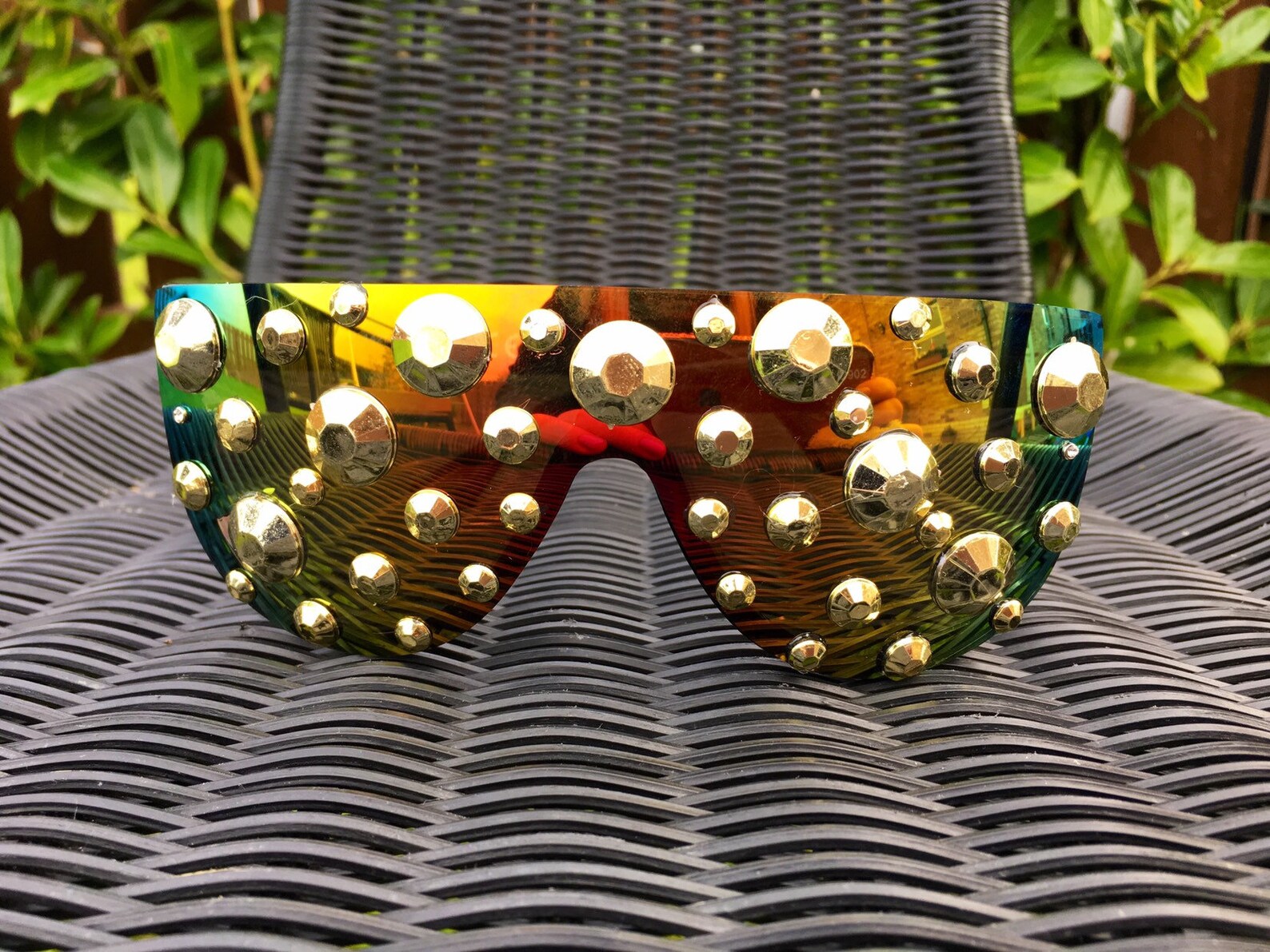 Gold studded shield style visor sunglasses festival | Etsy