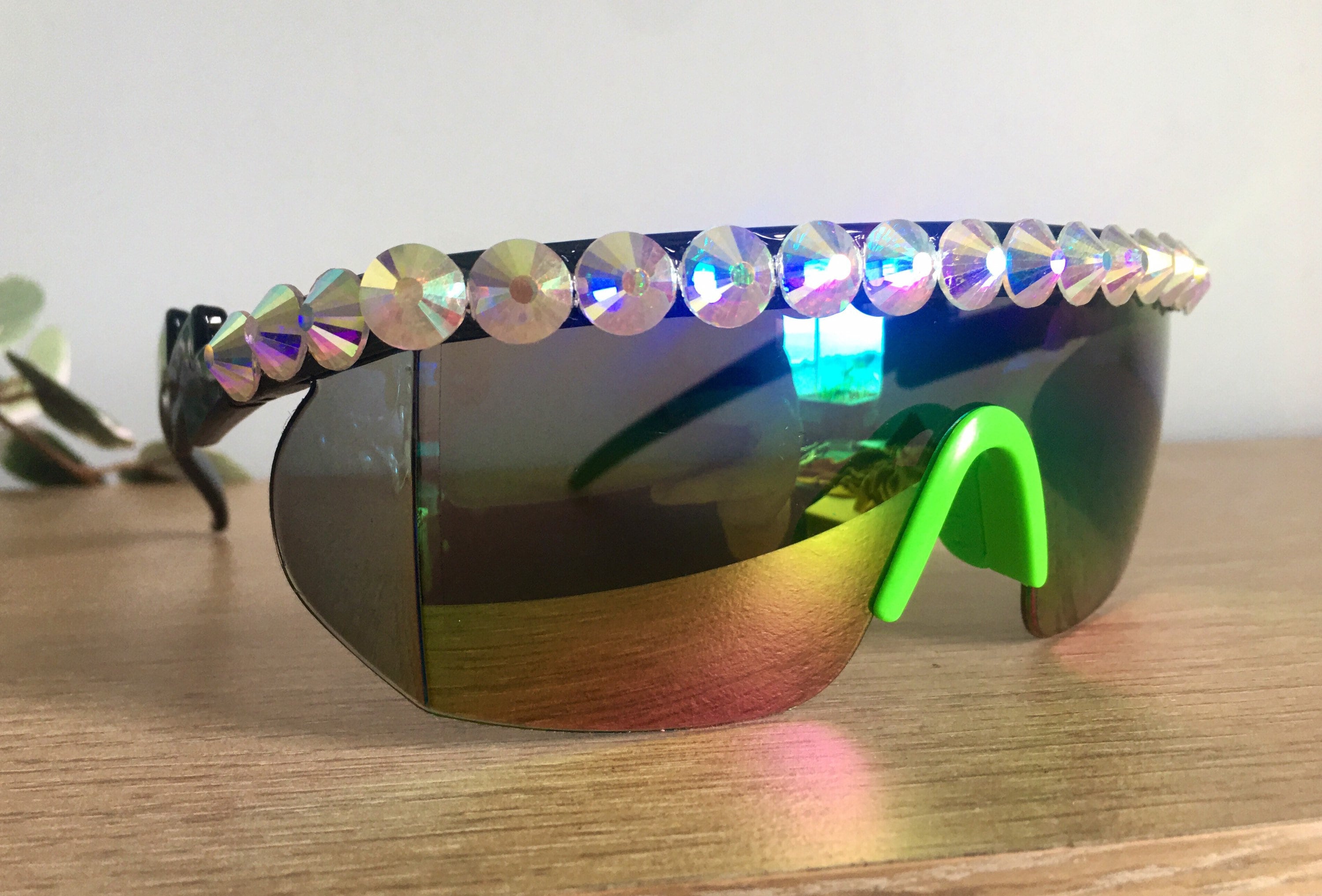 Shield style wrap around studded crystal sunglasses | Etsy