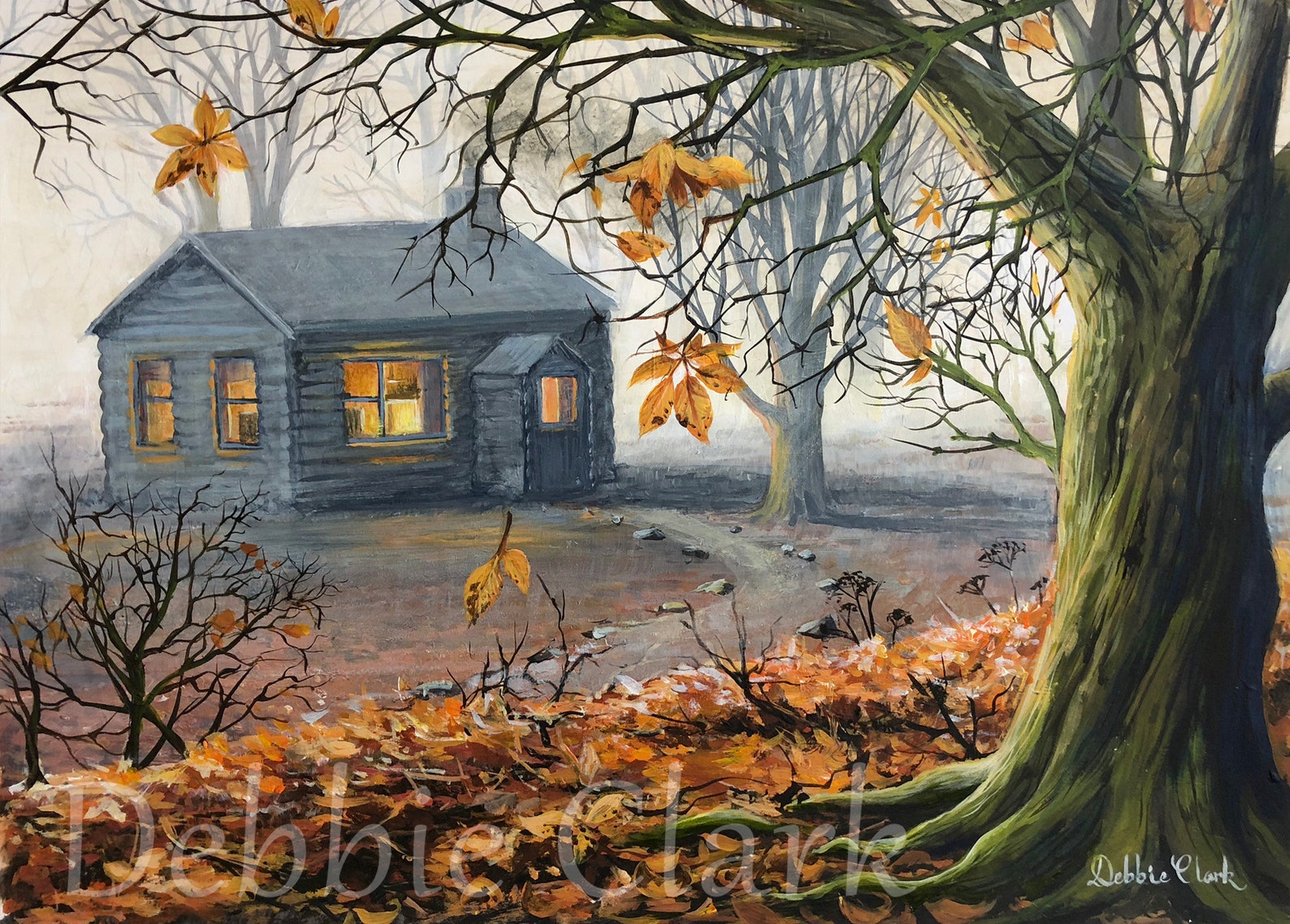 Original Art - Title: Cosy Cabin in the Woods - Autumn Season Painting ...