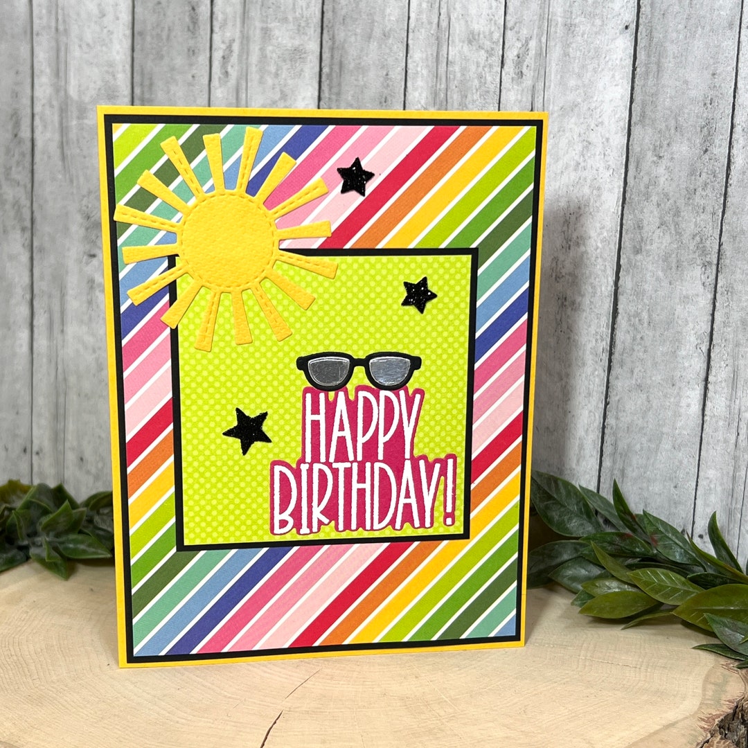 Cool Summer Birthday Card With Diecut Sunglasses and a Rainbow Stripe ...