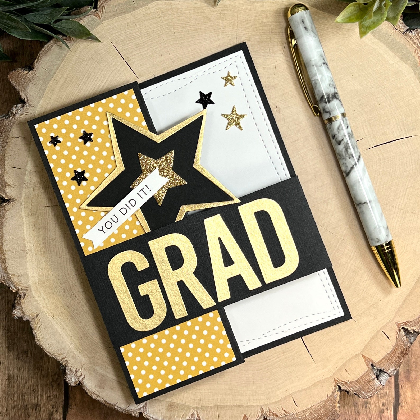 3D Graduation Card With Black and Gold Glitter Stars - Etsy