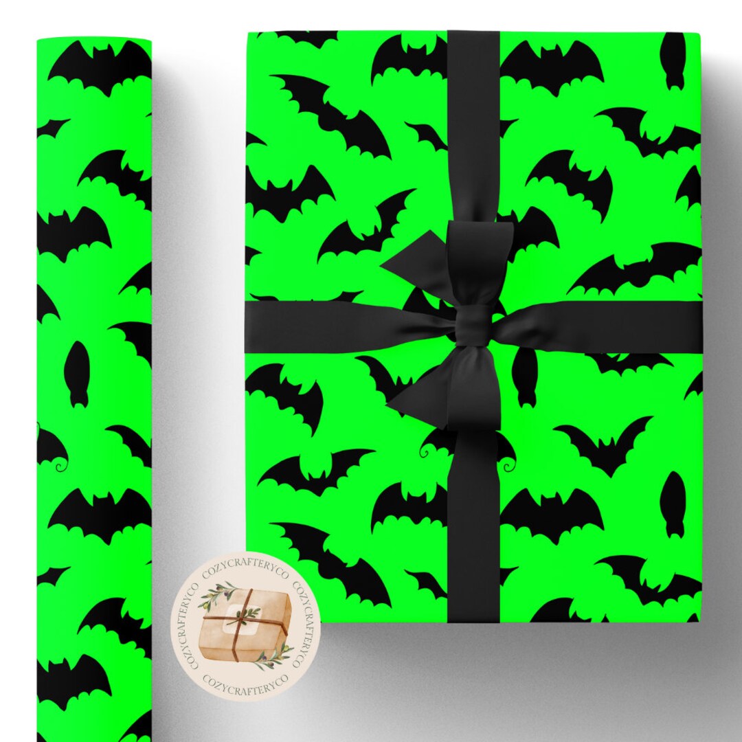 Spooky Bats Halloween Green Wrapping Paper Rolls (eco Green Bats ...