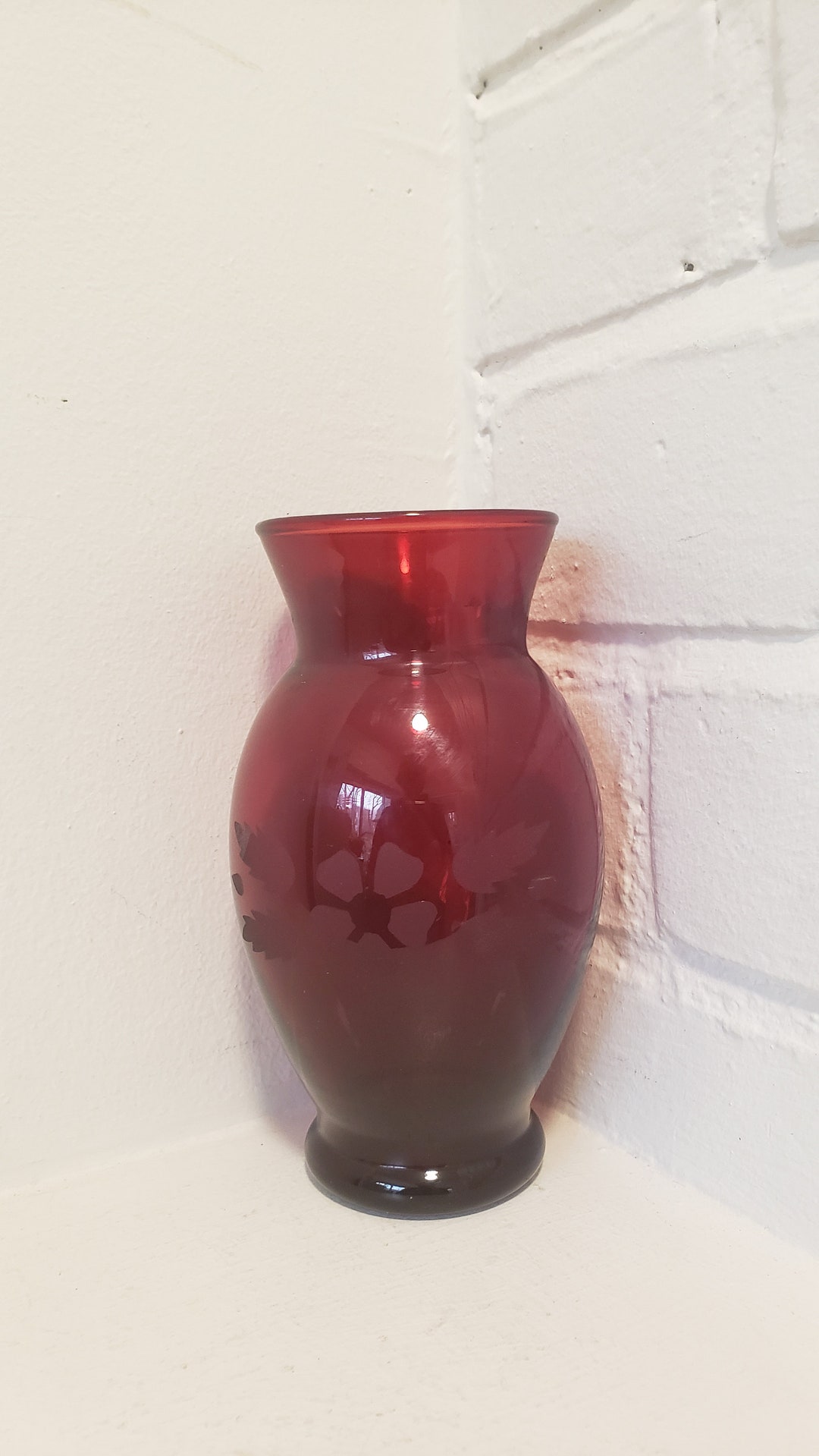 Vintage Red Glass Vase Etched Ruby Red Vase Christmas Decor Gifts for ...