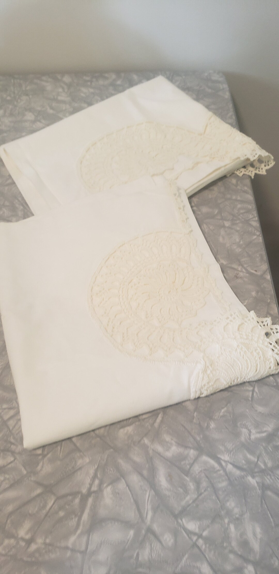 Pair White Pillow Cases With off White Almost Yellow Flower Sewn on ...