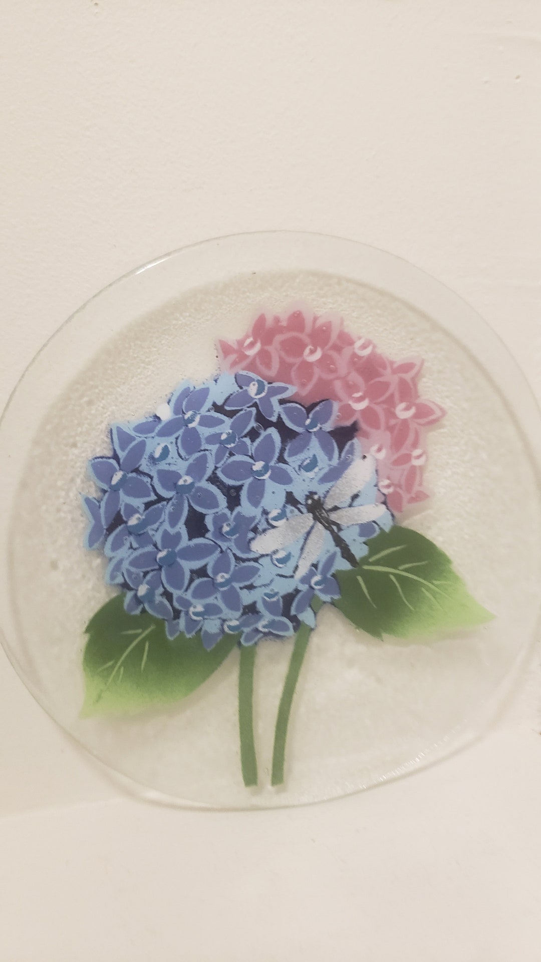 Vintage Glass Floral Plate Clear Plate With Pink Blue Hydrangea Fusion ...