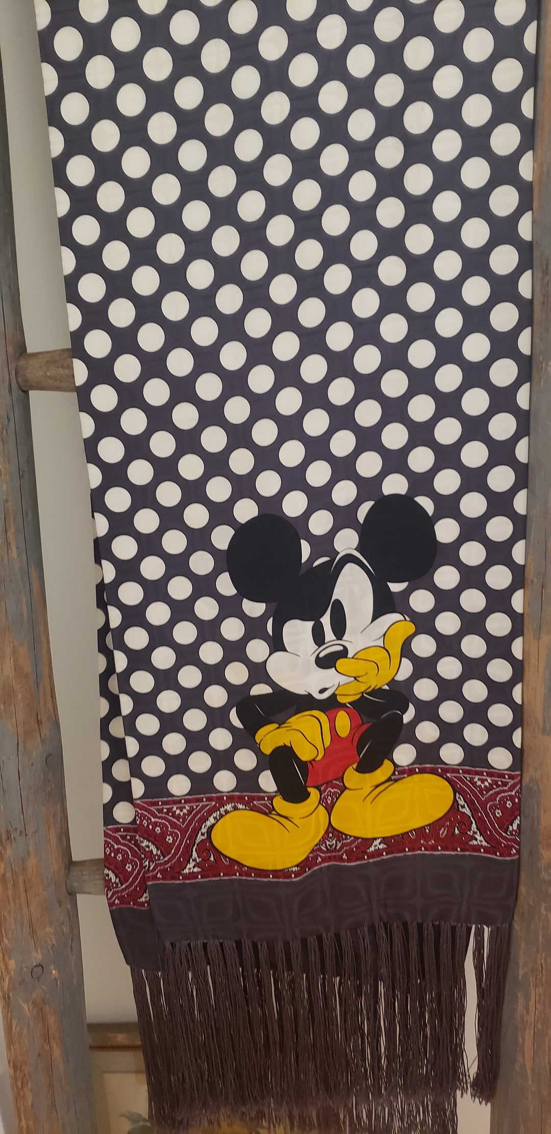 Mickey Mouse Scarf Polka Dot Disney Scarf Fringe Long Black Scarf White ...