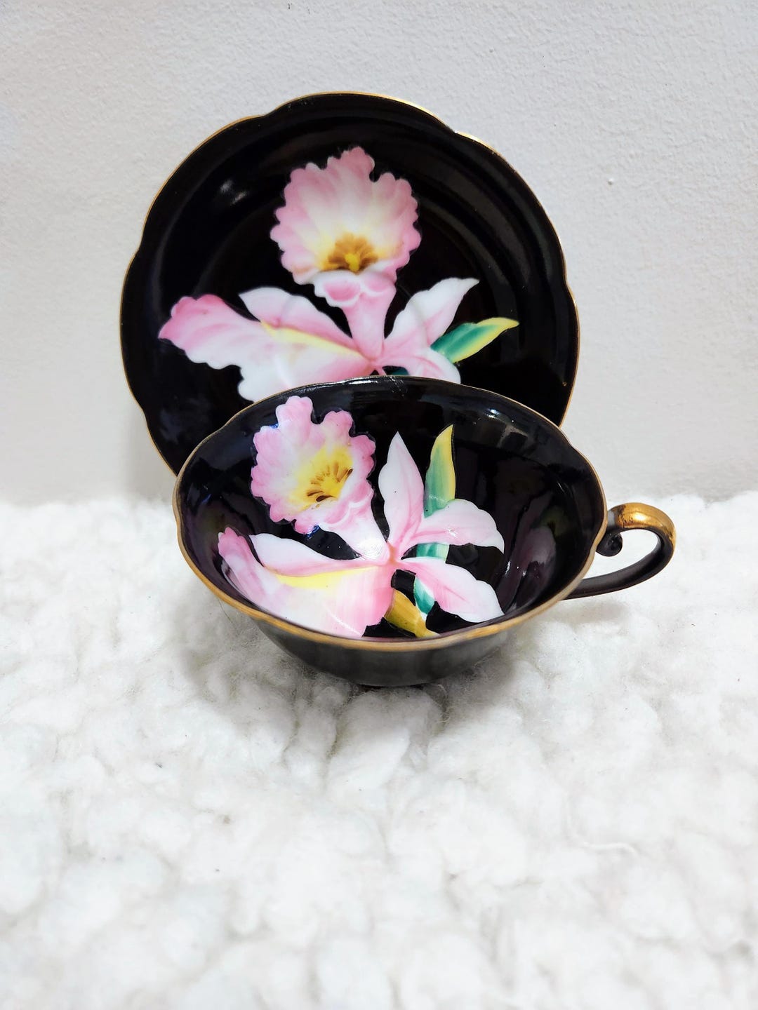 Black Occupied Japan Tea Cup Bold Pink Large Floral Tea Cup Wide Mouth ...