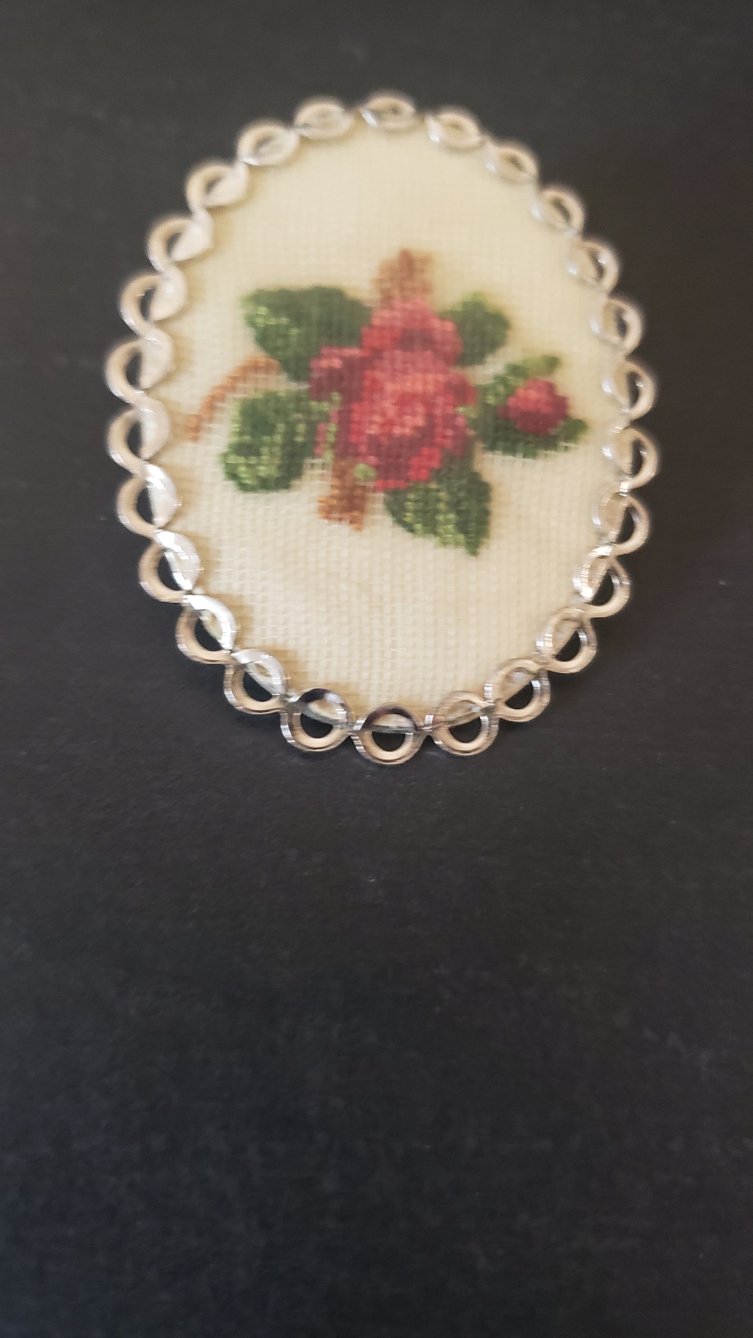 Petite Point Oval Hand Made Vintage Brooch in Silver Tone Frame Petite ...