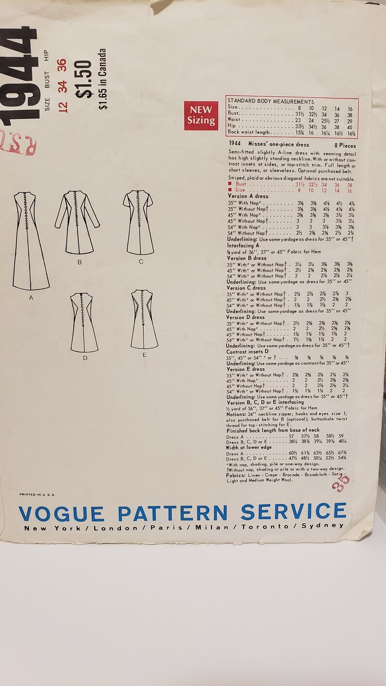 Vogue Basic Design 1944 Dress Pattern Summer Dress 60s Mod - Etsy