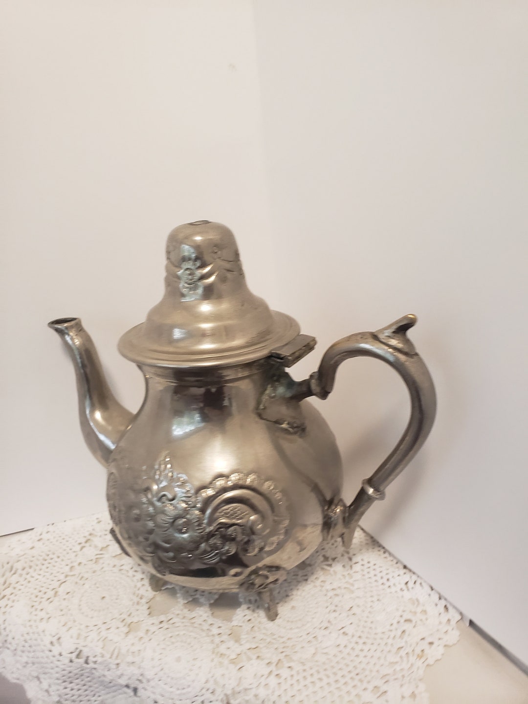 Silver Plate Embossed Footed Tea Pot Decorative Home Decor Ornate ...