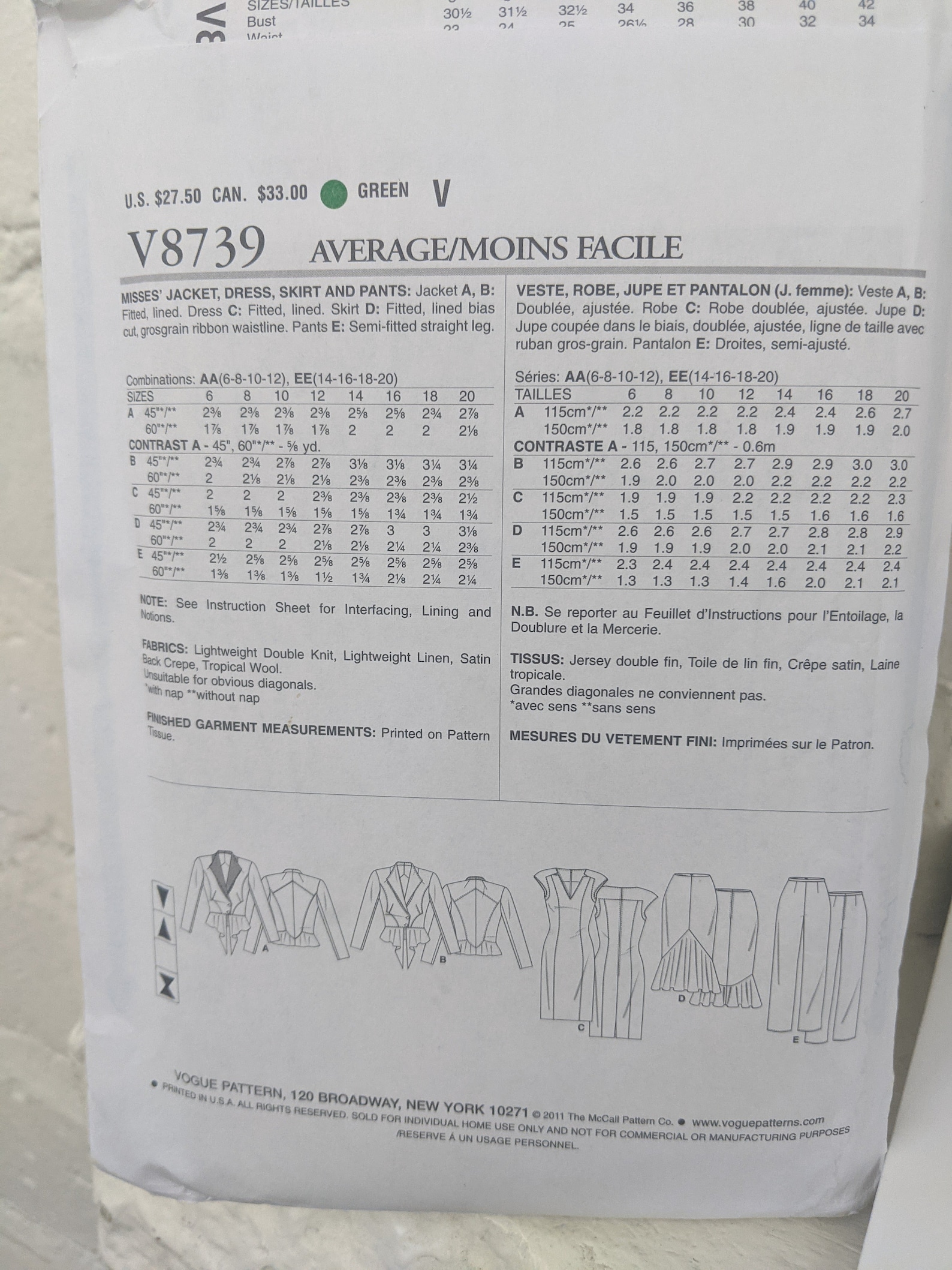 Vogue Patterns Wardrobe V8739 Jacket Dress Skirt Pants UNCUT Vogue ...