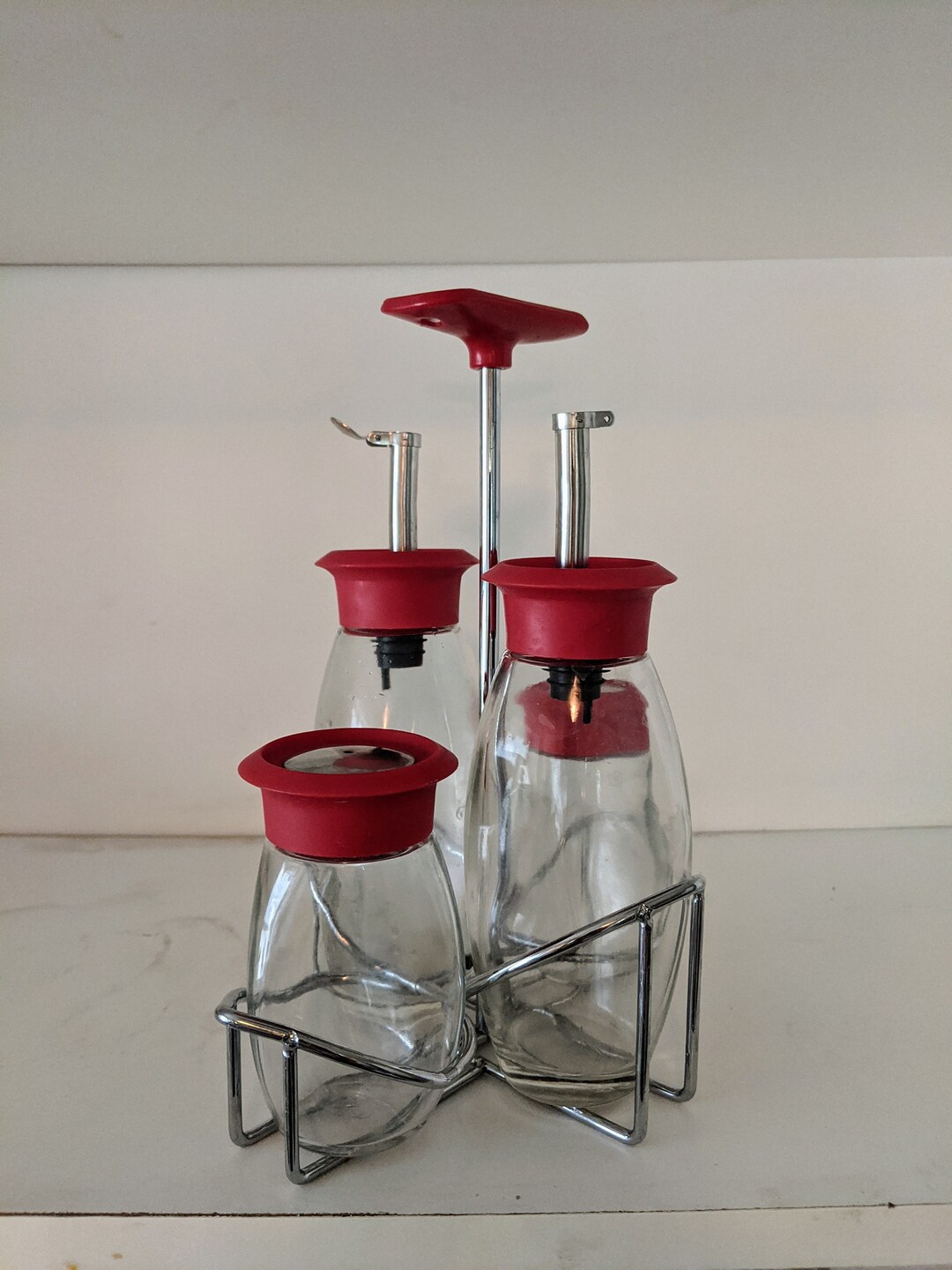 Vintage Condiment Caddy Glass Condiment Caddy With Retro Red Lid and ...