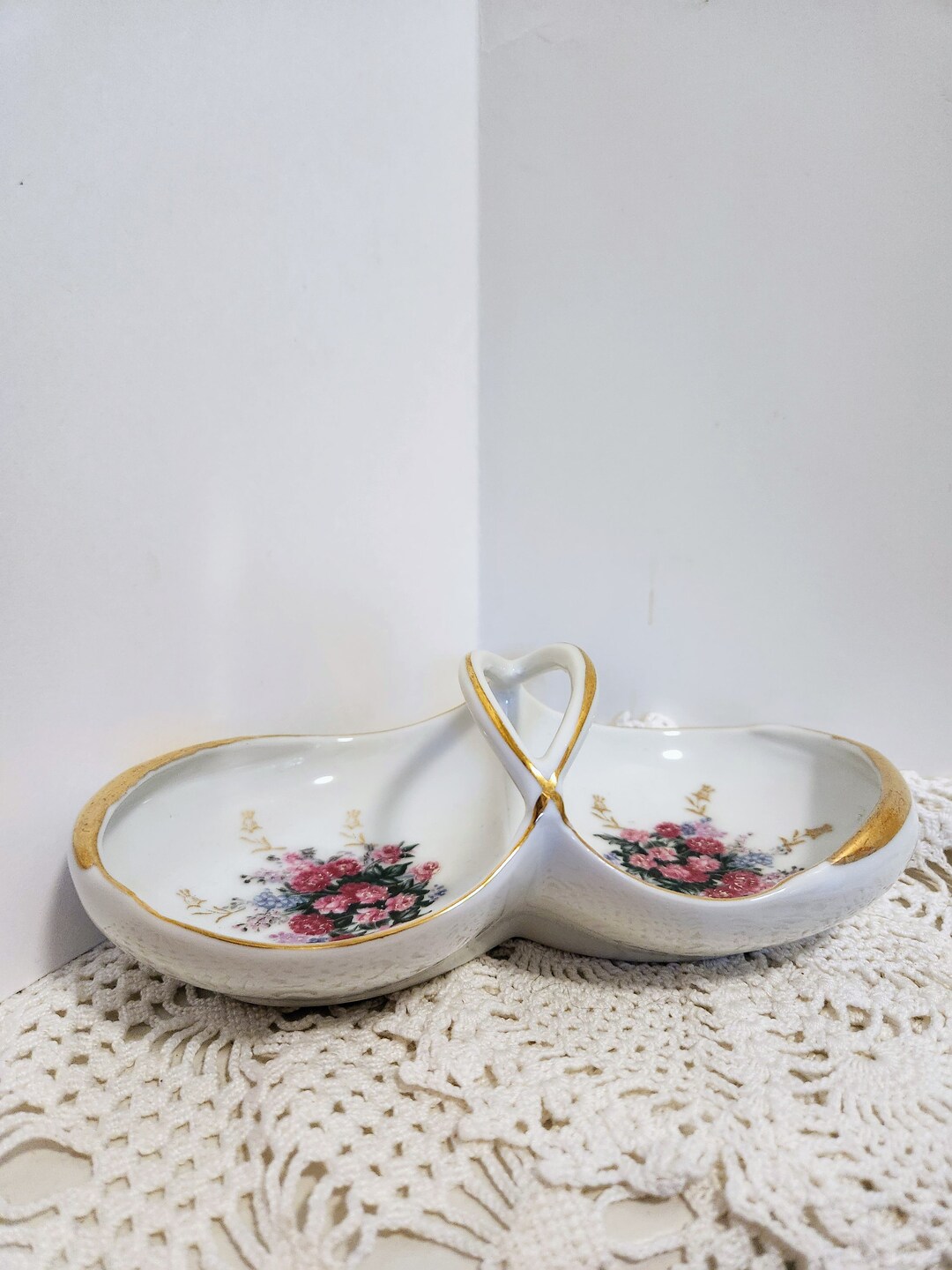 Hand Painted Candy Dish With Handle Floral With Gold Gilt Two Sided ...