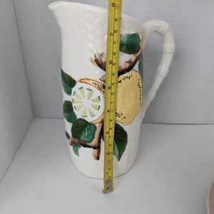 White Ceramic Lemon Pitcher With Colourful Lemons Embossed White Twirl ...