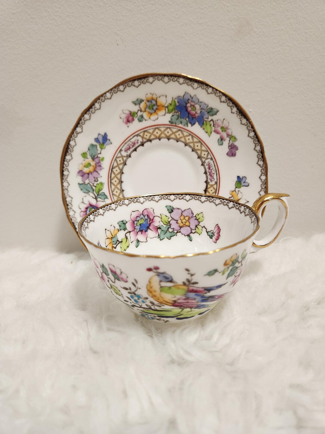 Bird of Paradise Tea Cup Saucer Crown Stafforshire Wide Mouth Hand ...