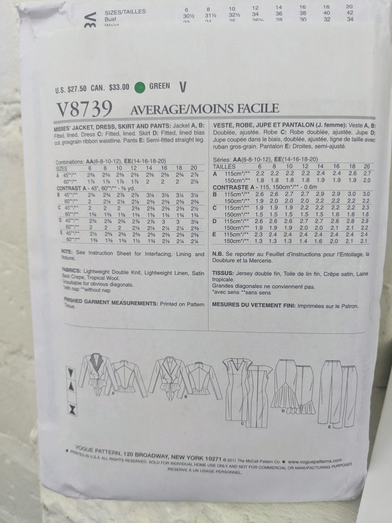 Vogue Patterns Wardrobe V8739 Jacket Dress Skirt Pants UNCUT - Etsy