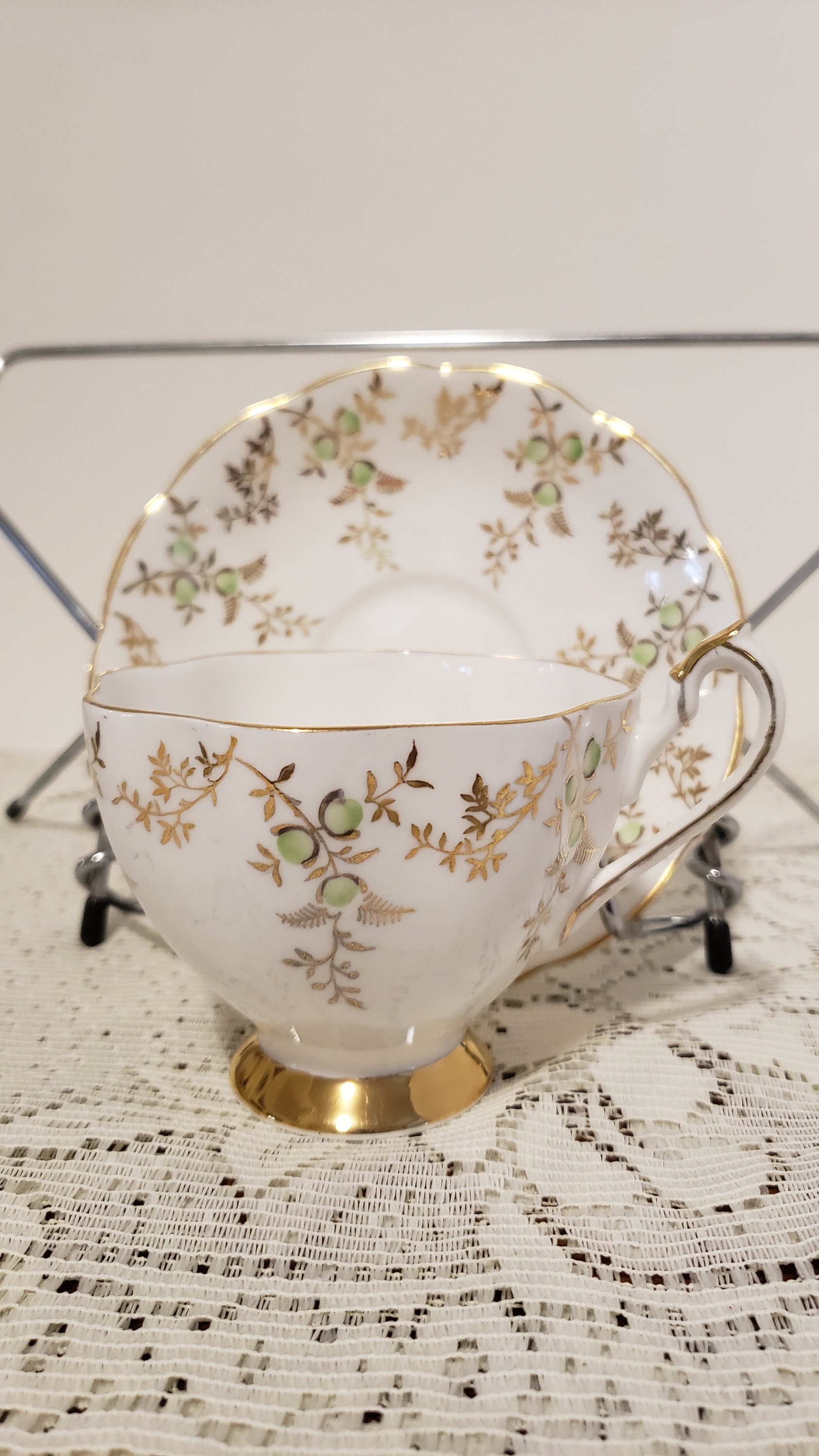Queen Anne Tea Set White Tea Cup With Gold Leaf With Green - Etsy