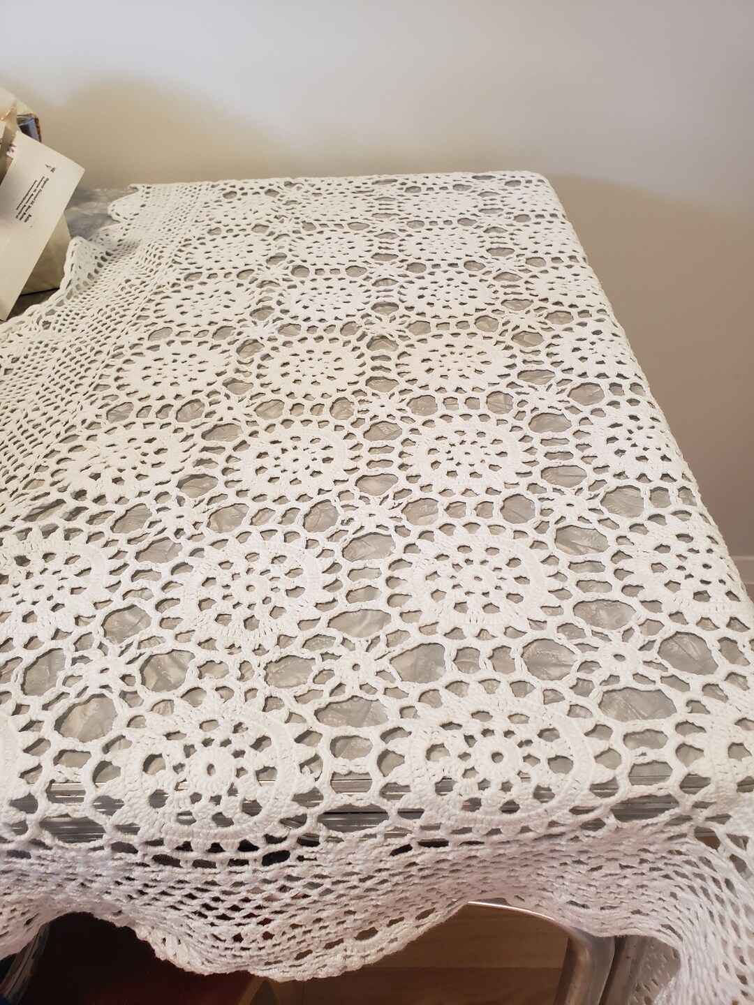 Vintage White Crochet Table Cover Hand Made Vintage Table Topper Shabby ...