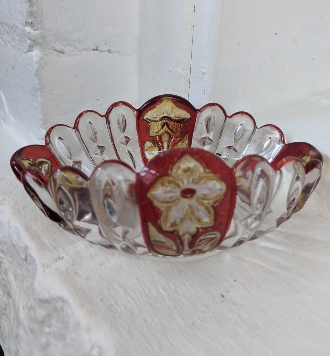 Glass Candy Dish Red Candy Dish Decorative Glass Vintage Glass With Red ...