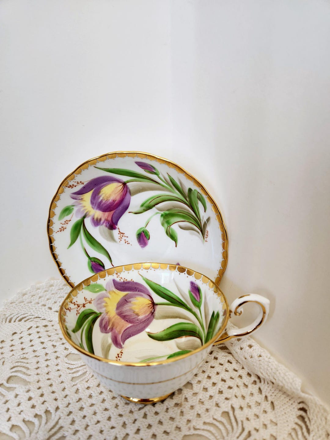 Signed Hand Painted Tuscan Tea Cup 40s Wide Mouth Tea Cup Tulip Tea Cup ...