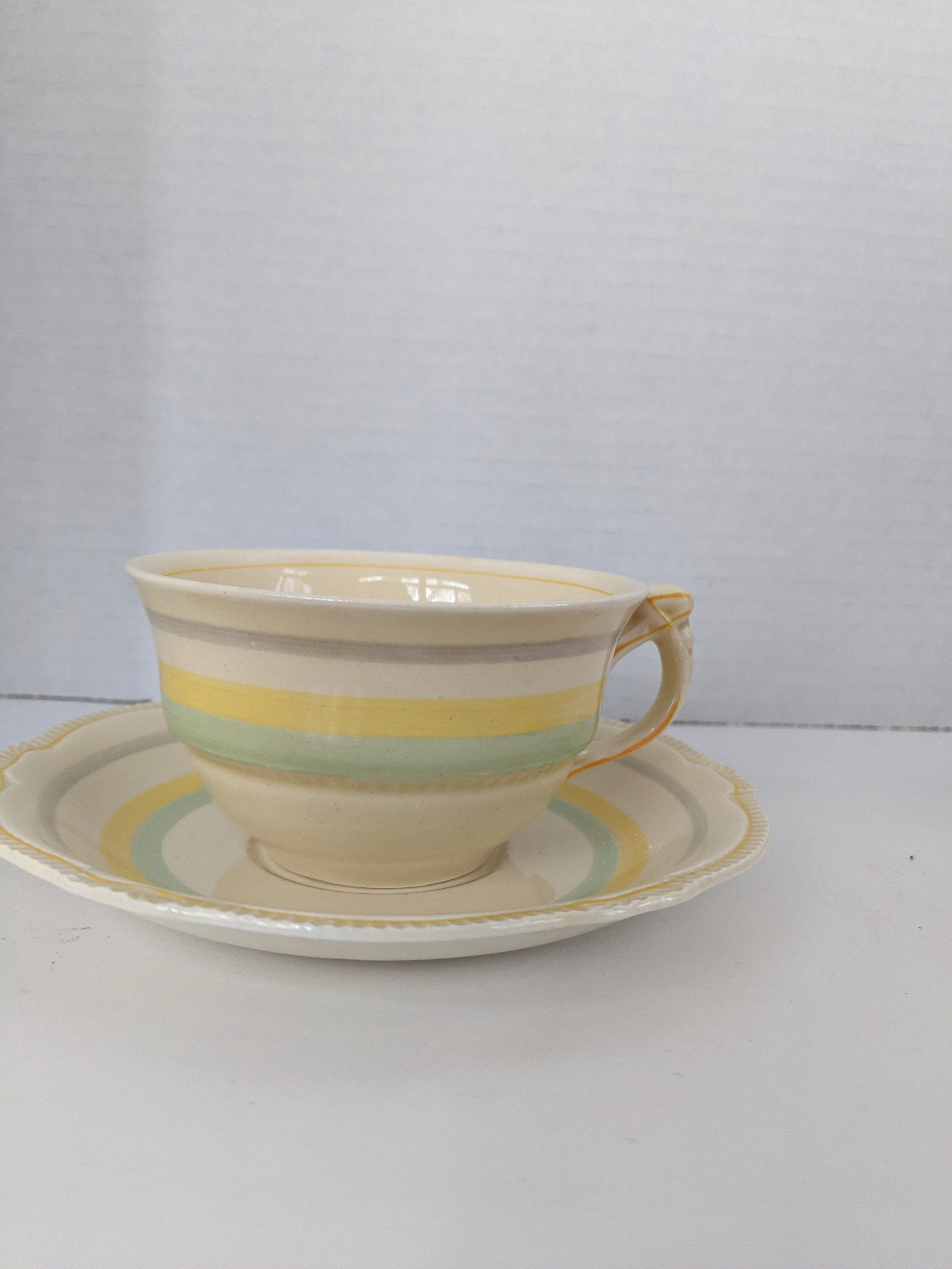 Pale Yellow Tea Cup and Saucer with Green and Grey Stripe and | Etsy