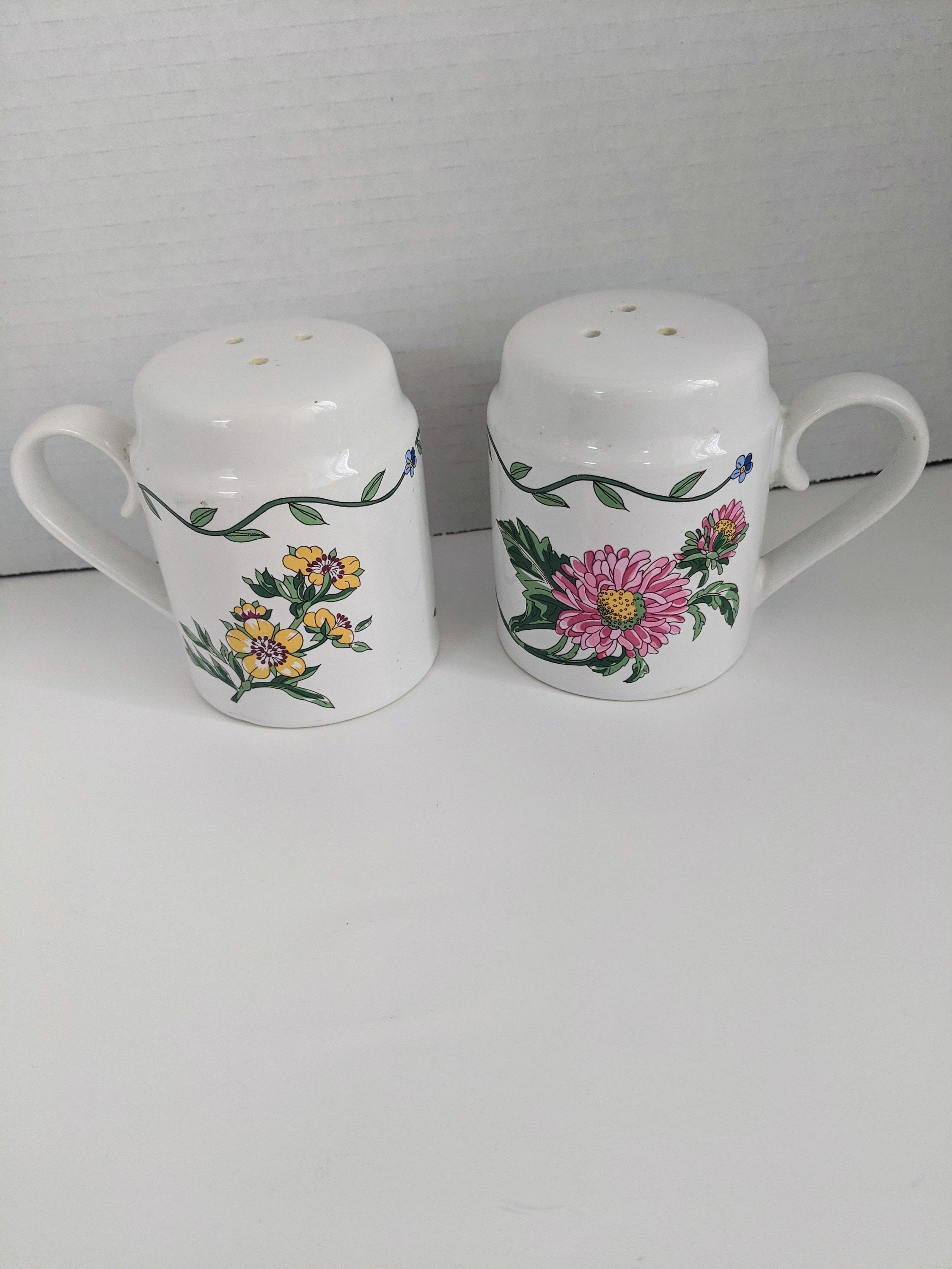White Floral Salt and Pepper Shakers With Handle Four Inch Salt and ...
