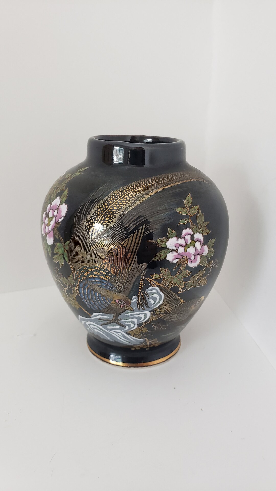 Japanese Black Floral Vase Imperial Kutani Vase With Pheasant - Etsy